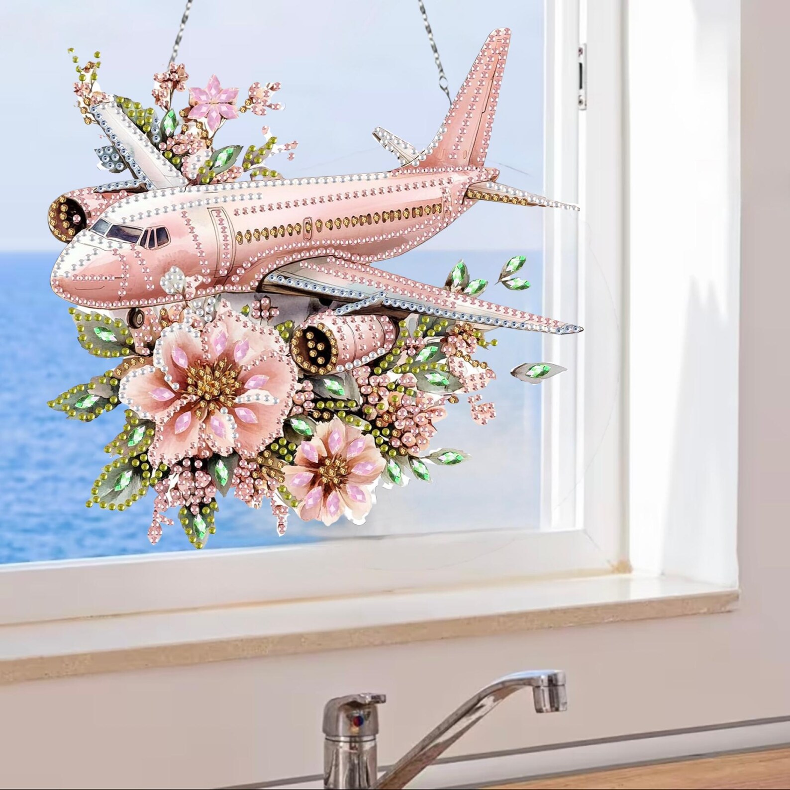 Pink Airplane Floral Diamond Art Sun Catcher DIY Kit Single Sided With ...