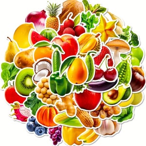 50 Fresh Fruit and Vegetables Stickers With Kiwi, Peas, Mushrooms and ...