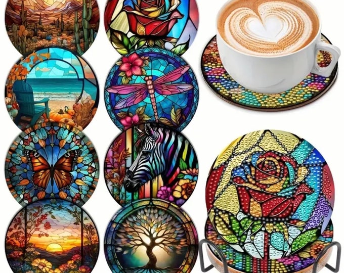 DIY 8 Animal & Nature Coasters With Stained Glass Design, 5D Diamond ...