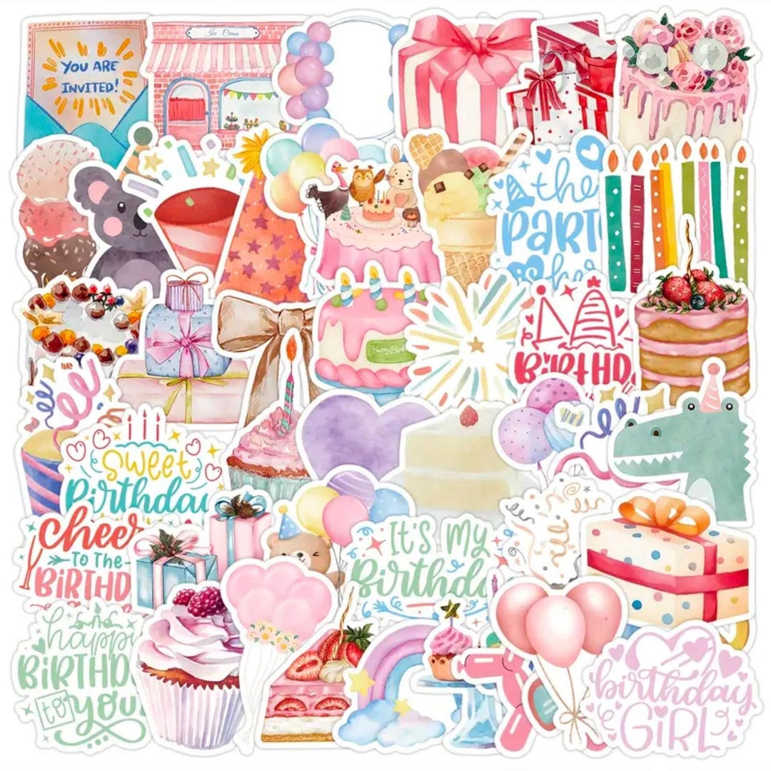 Set of 50 Pastel Birthday Craft Decal Stickers - Balloons, Party Hats ...