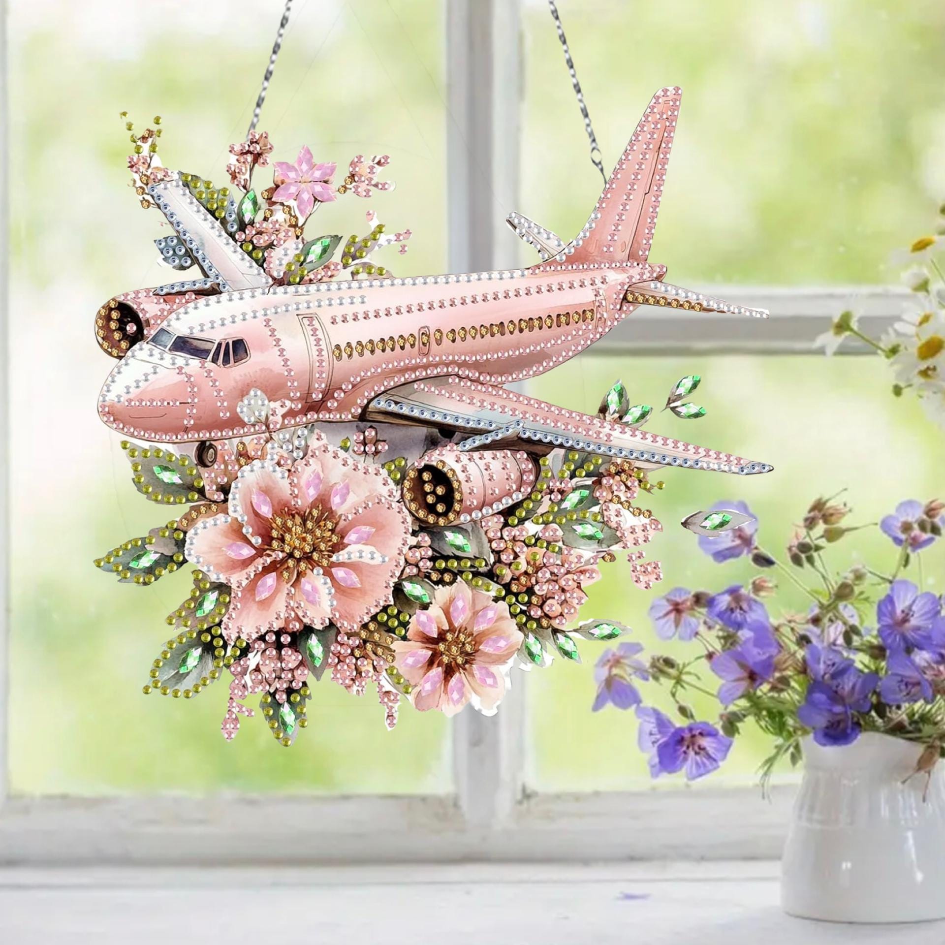 Pink Airplane Floral Diamond Art Sun Catcher DIY Kit Single Sided With ...