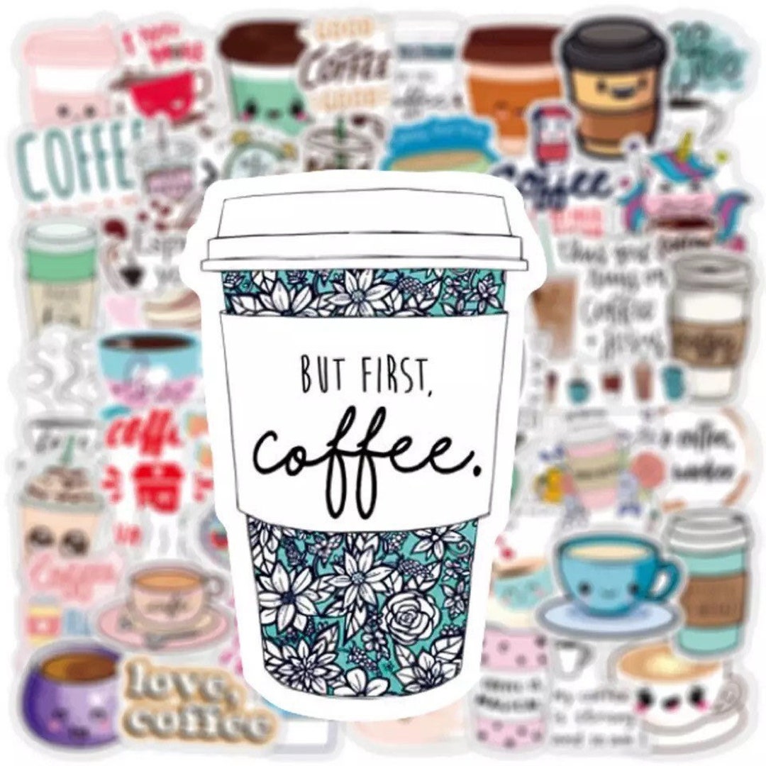 50 Cartoon Coffee Stickers With Iced Coffee & Tea Drinks, High Quality ...