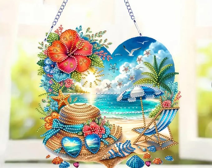 Tropical Beach Scene – Diamond Painting Kit, Single Sided Sun Catcher ...