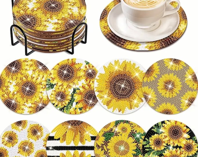 DIY 8 Bold Sunflower Coasters, Diamond Painting Kit With Tools and ...