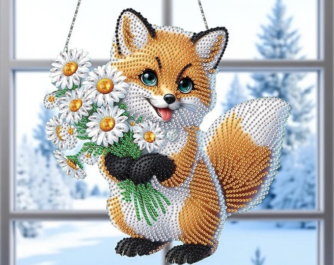 Fox With Daisies DIY Diamond Painting Kit – Single Sided Sun Catcher ...