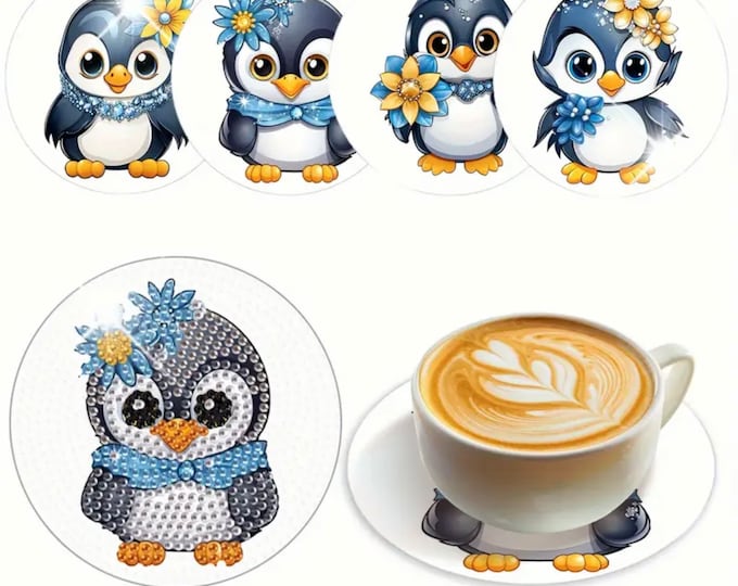 DIY 4 Young Penguin Coasters, Diamond Painting Kit, Tools and ...