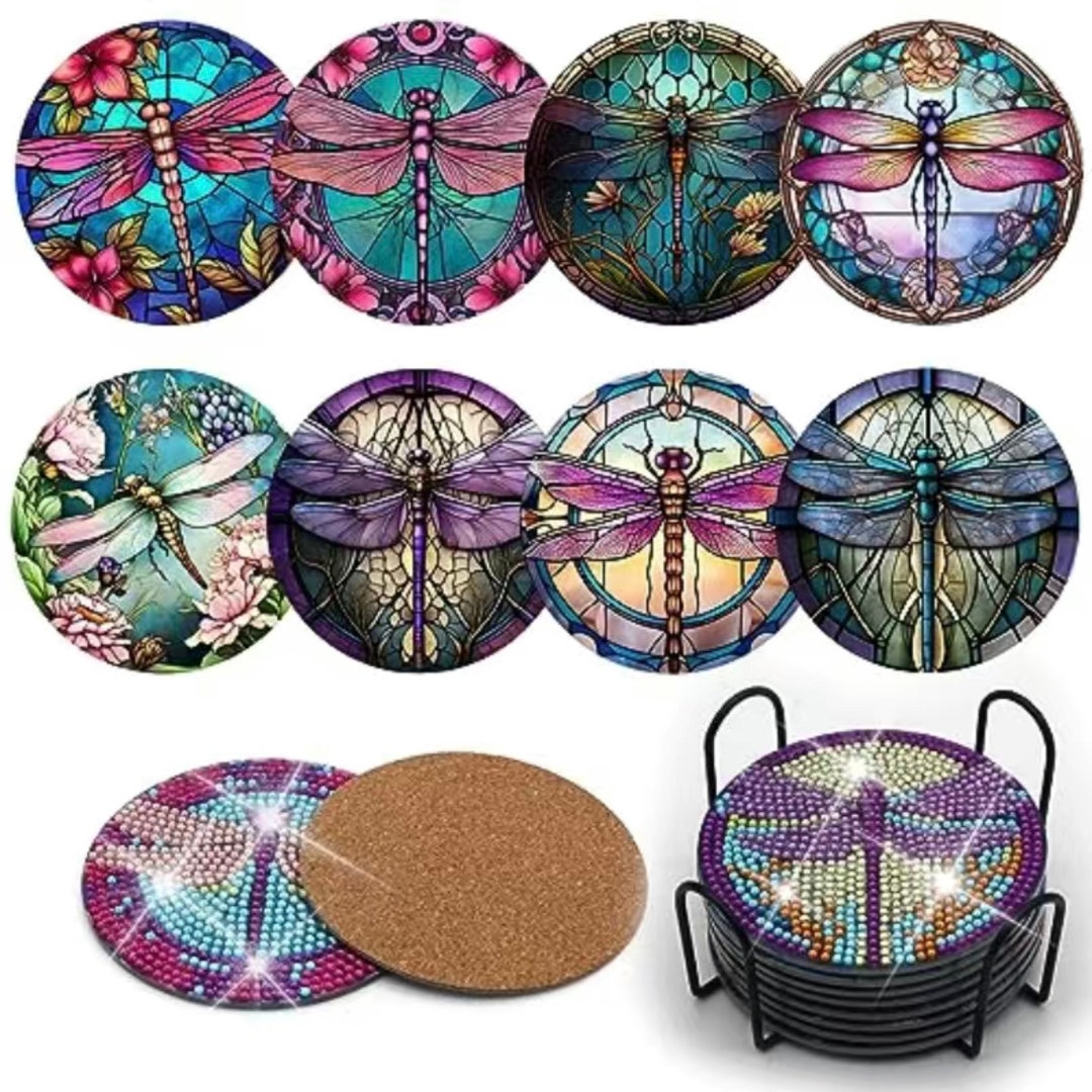 DIY 8 Dragonfly Coasters With Stained Glass Appearance, 5D Diamond ...