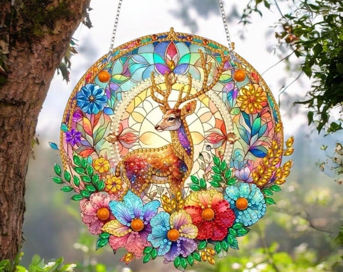Large Buck in Flower Field Faux-stained Glass - DIY Double Sided Sun ...