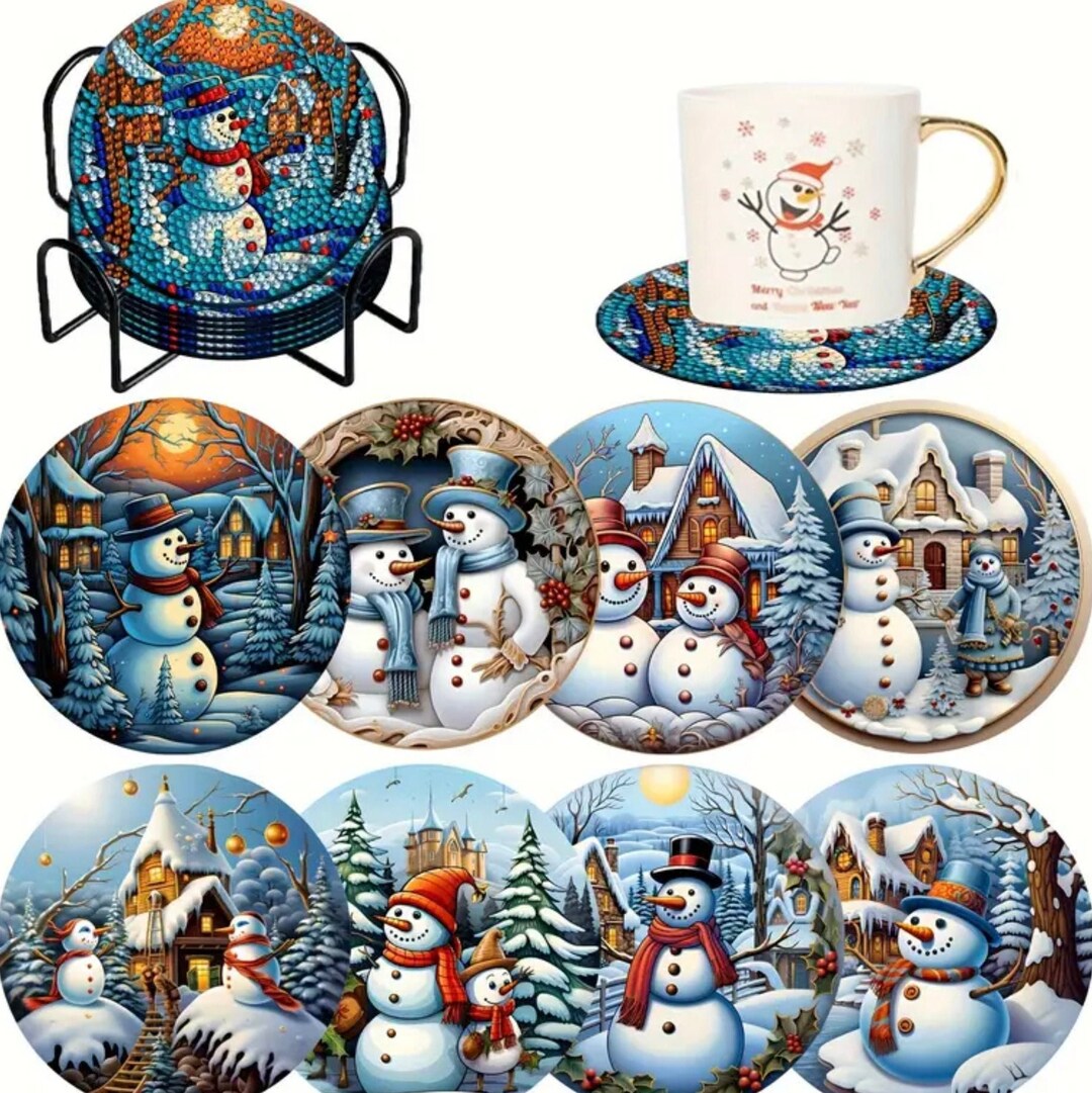 DIY 8 Snowmen Coasters With Winter Cabins, 5D Diamond Painting Kit ...