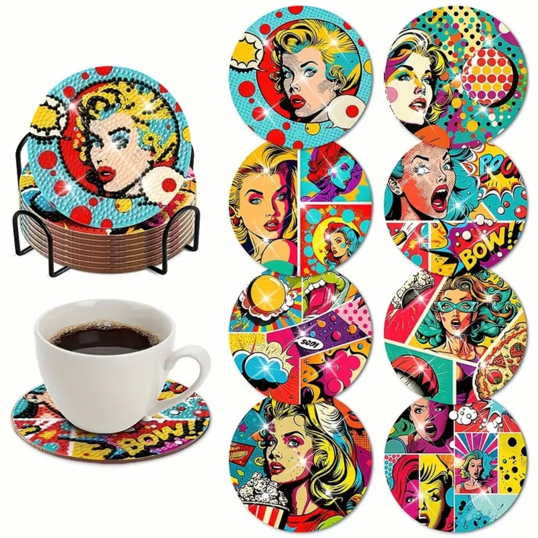 DIY 8 Pop Art Coasters With A Strong Blonde Super Hero, 5D Diamond ...