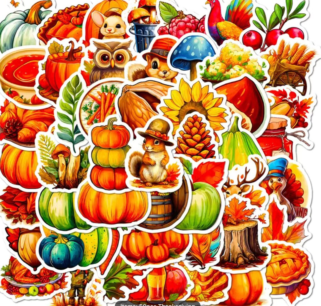 50 Beautiful Fall Harvest Stickers, Autumn Leaves, Pumpkins and Gourds ...