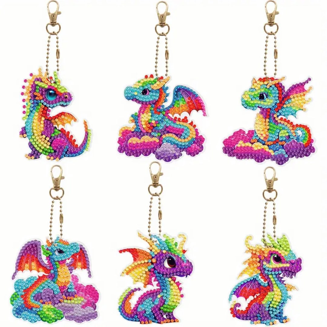 DIY 6 Rainbow Dragon Keychains/ornaments With A Double Sided Design, 5D Diamond Painting Kit ...