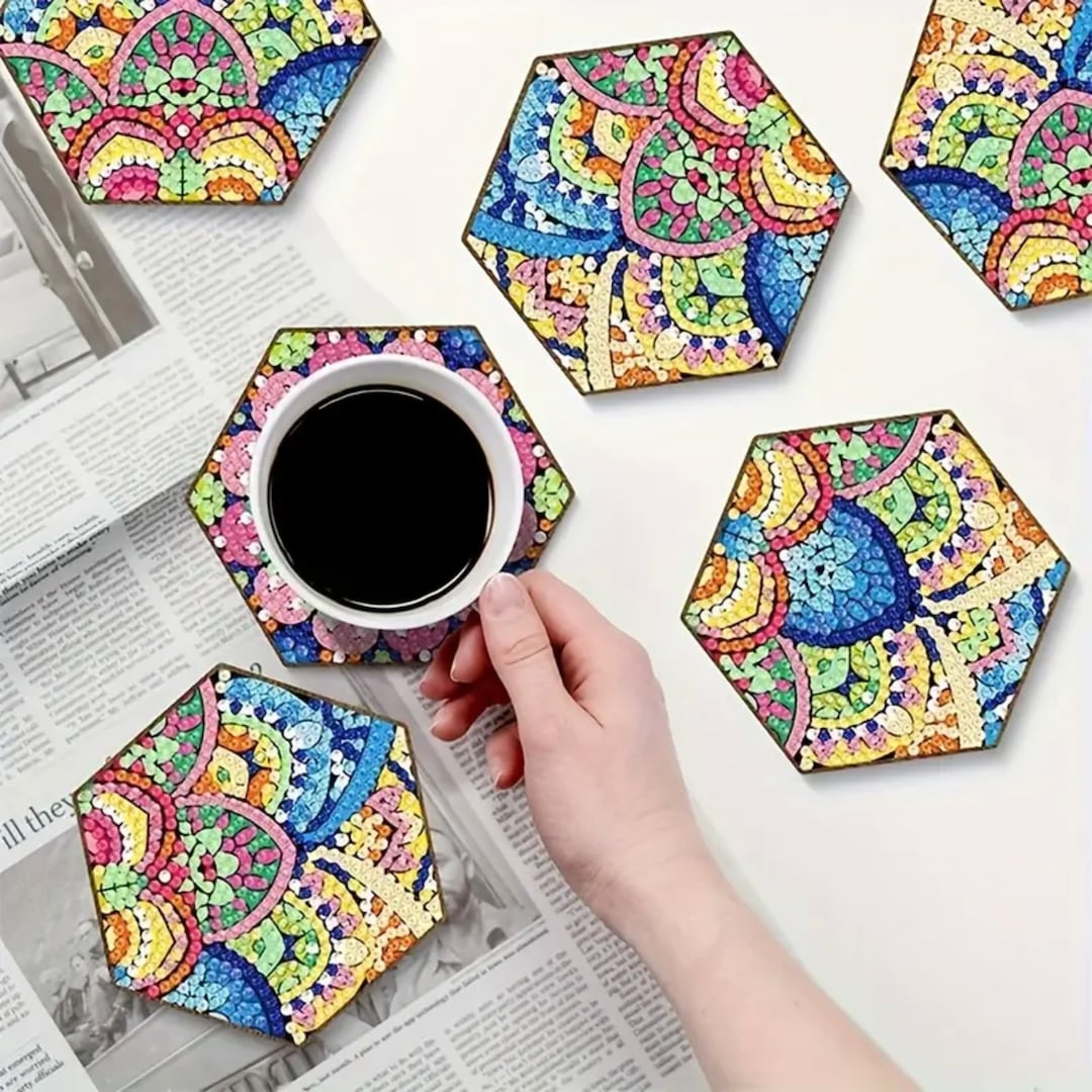 DIY 8 Pretty Hexagon Mandela Coasters, 5D Diamond Painting Kit, Tools ...