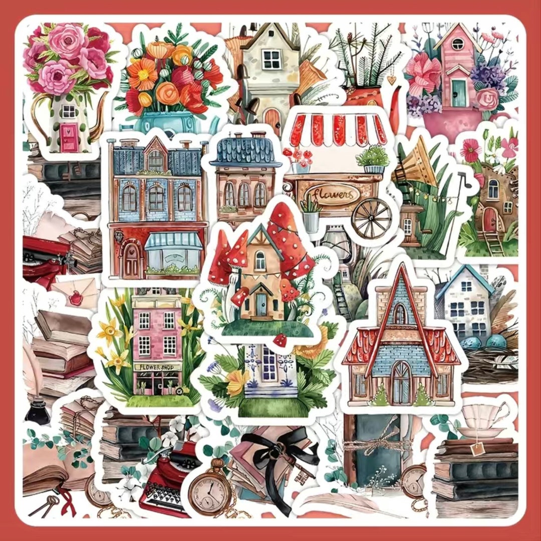50 Nordic Inspired Cottage Stickers With Bungalows & Whimsical Flower ...