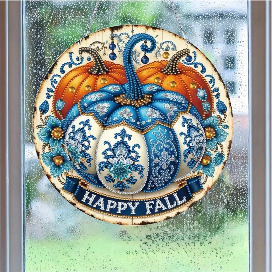 Happy Fall Blue & Orange Pumpkin Wall Decor, DIY Diamond Painting Kit ...