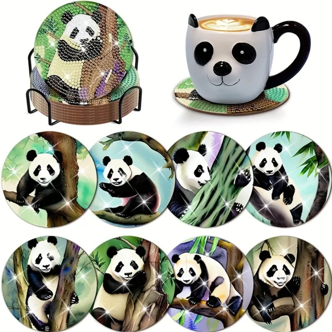 New: DIY 8 Cozy Panda Coasters, Diamond Painting Kit, Tools and ...