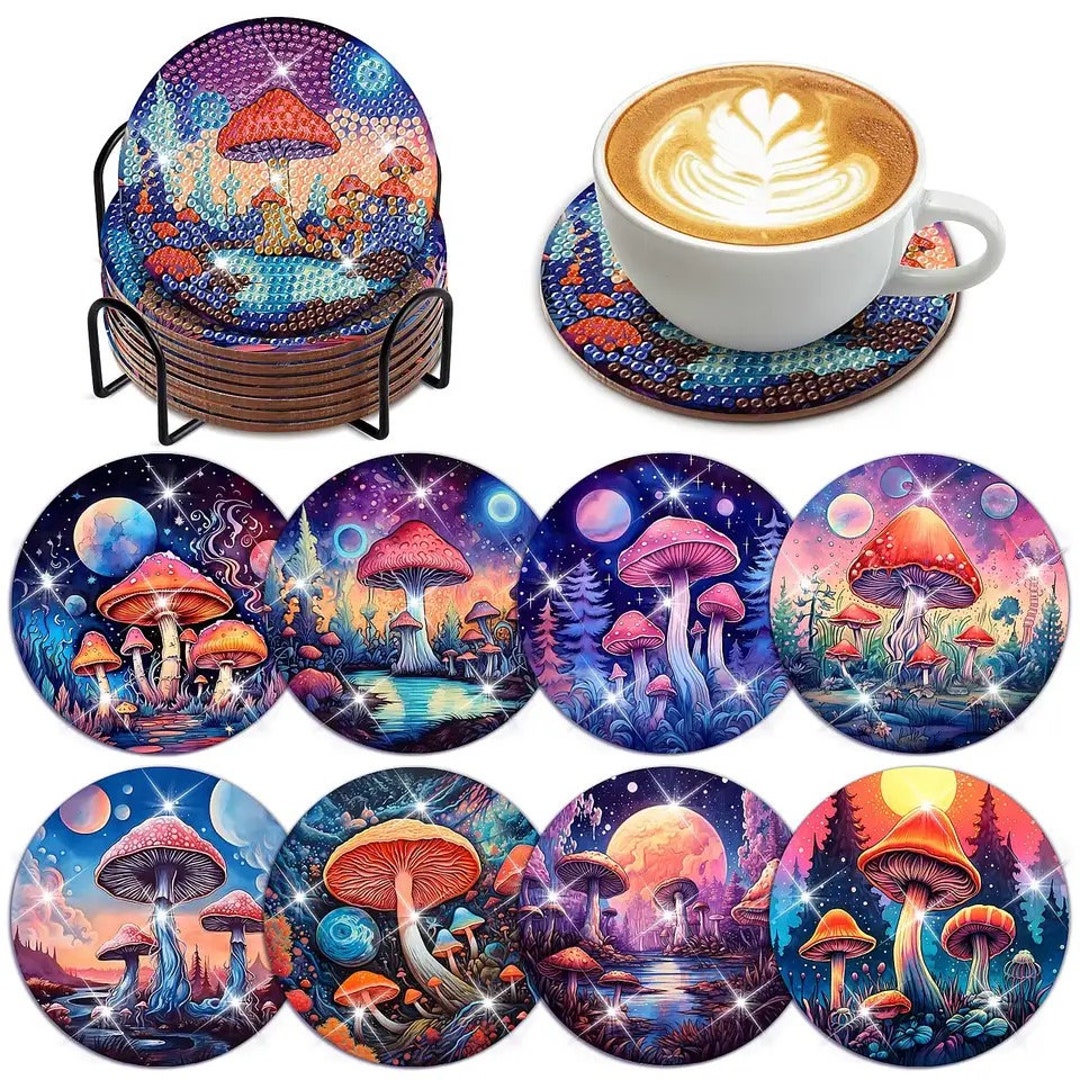 8 Unique Mushroom Coasters in A Magical World, DIY Diamond Painting Kit ...