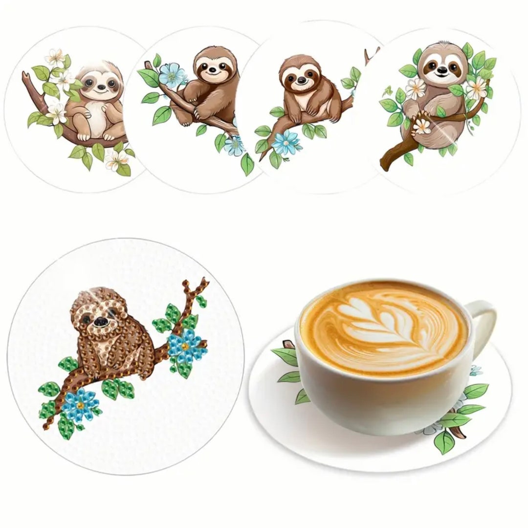 DIY 4 Sloth Coasters, Diamond Painting Kit, Tools and Rhinestones ...