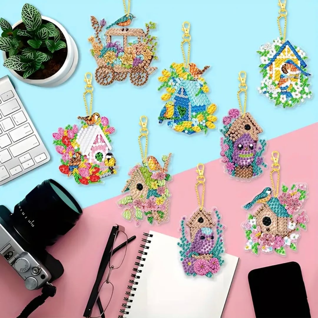 DIY 8 Pretty Birdhouse Keychains/ornaments Adorned With Flowers, Double ...