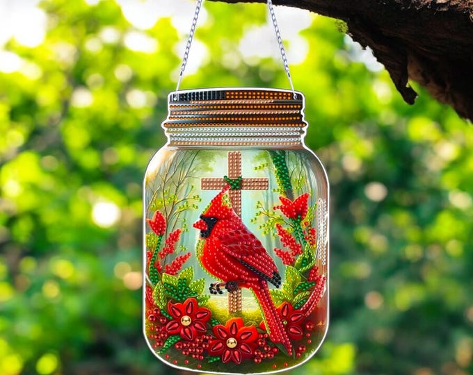 Mason Jar Cardinal DIY Kit - 5D Diamond Painting Sun Catcher - Double ...