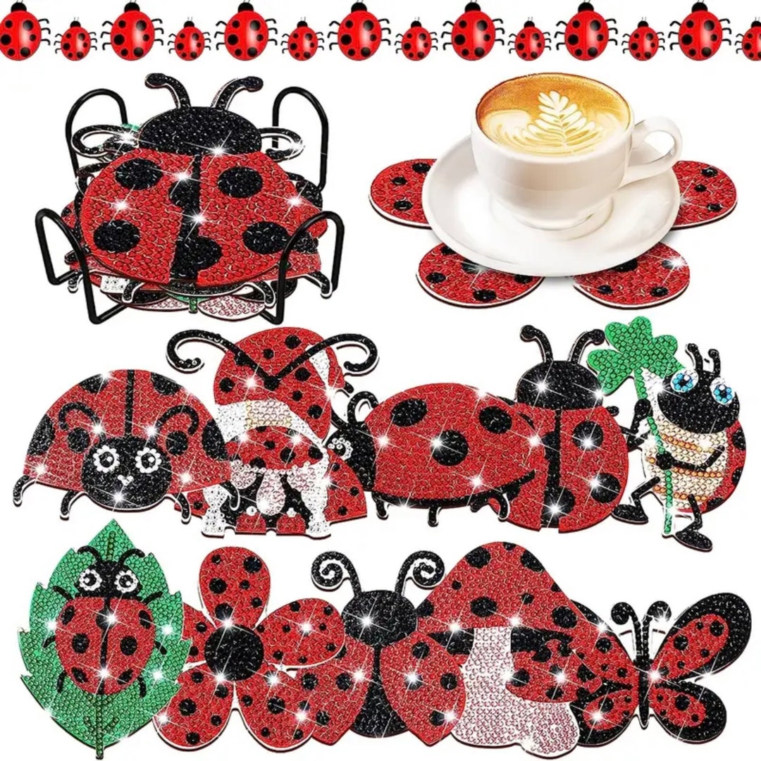 DIY 10 Cute Ladybug Coasters, 5D Diamond Painting Kit, Tools and ...