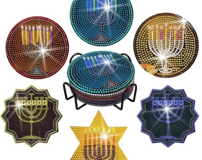 6 Hanukkah Coasters With Beautiful Menorahs, 5D Diamond Painting Kit ...