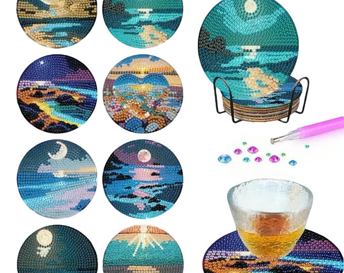 DIY Ocean Sunset Diamond Painting Coaster Kit – Set of 8 With ...