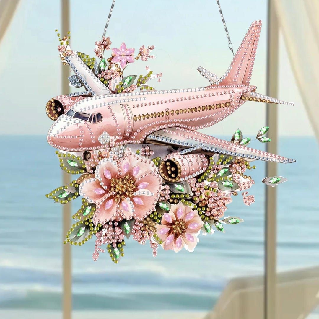 Pink Airplane Floral Diamond Art Sun Catcher DIY Kit Single Sided With ...