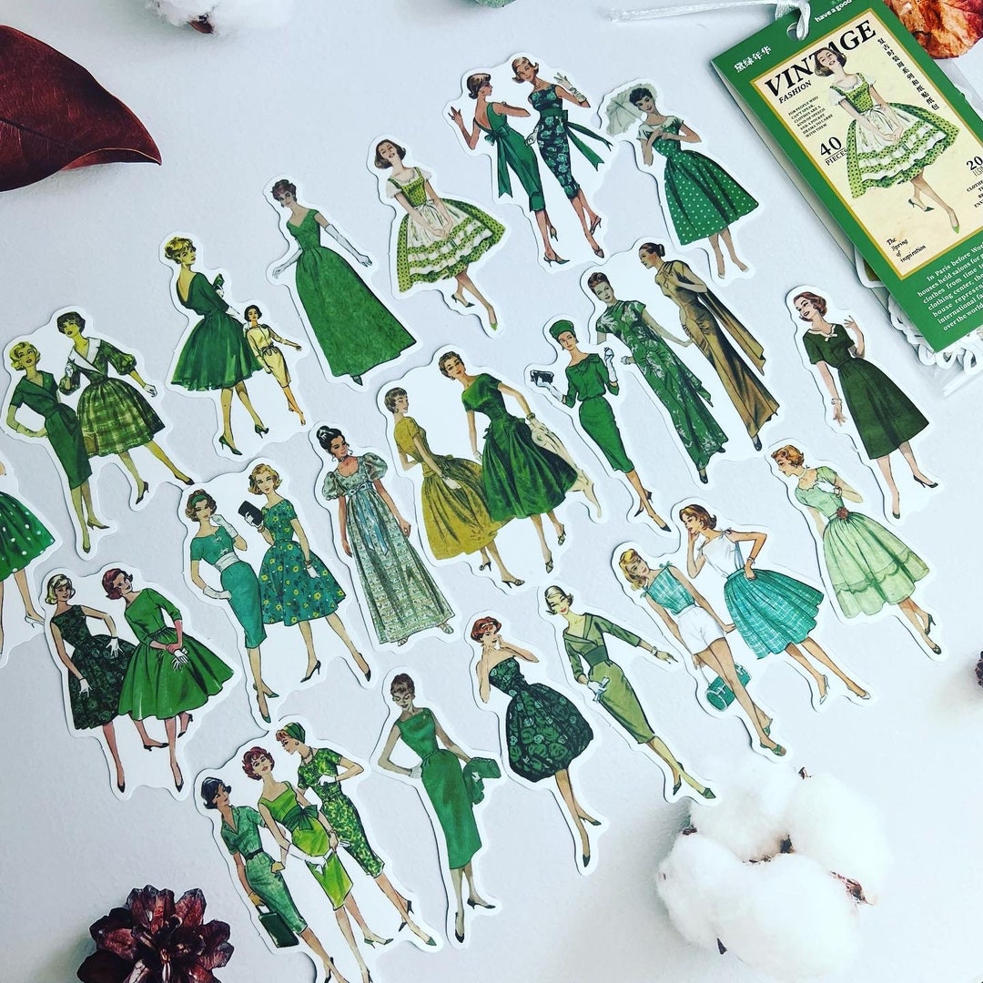 Vintage Fashion Stickers, Shades of Green, Ballgowns, Cocktail Dresses ...