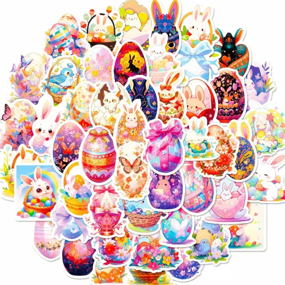 50 stickers autocollants aquarelle de Pâques avec des lapins décoratifs ...