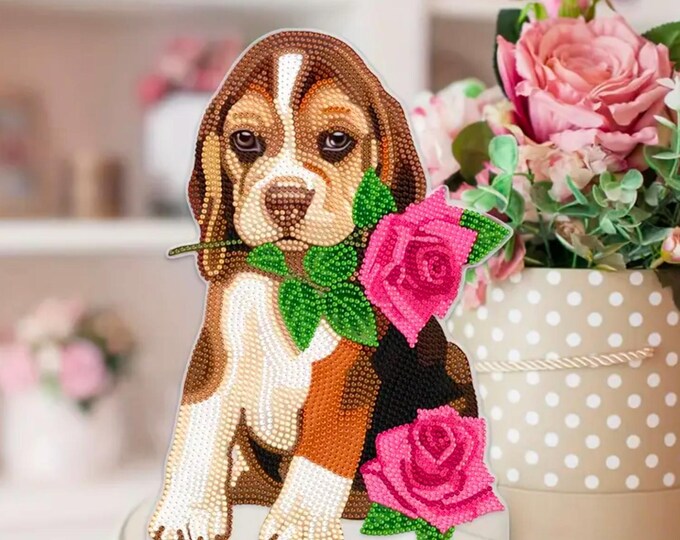 Beagle Puppy With Roses Diamond Painting Kit – DIY Tabletop Décor With ...