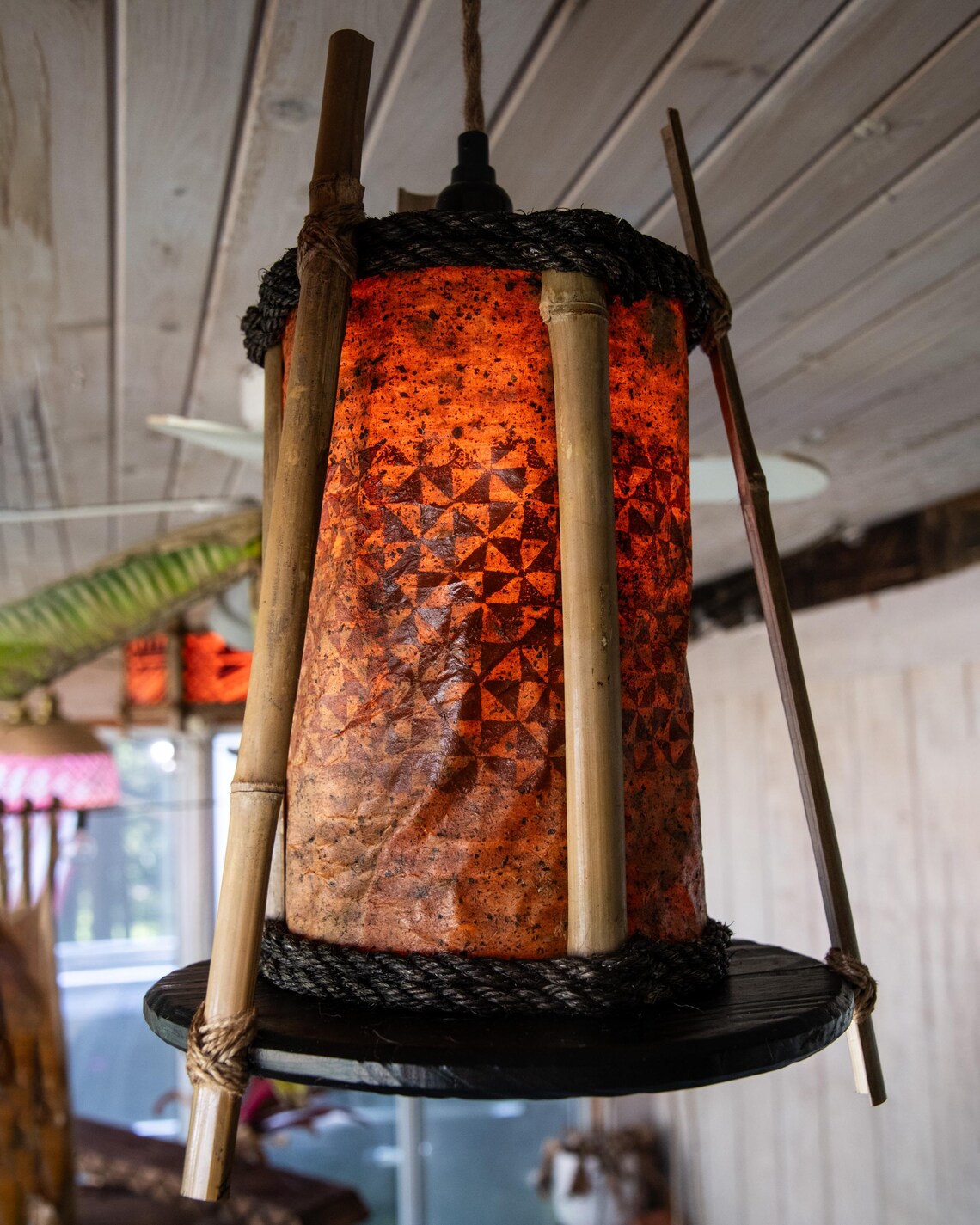 Tapa-style Bamboo Tiki Pendant Lamp – Handcrafted Polynesian-inspired ...