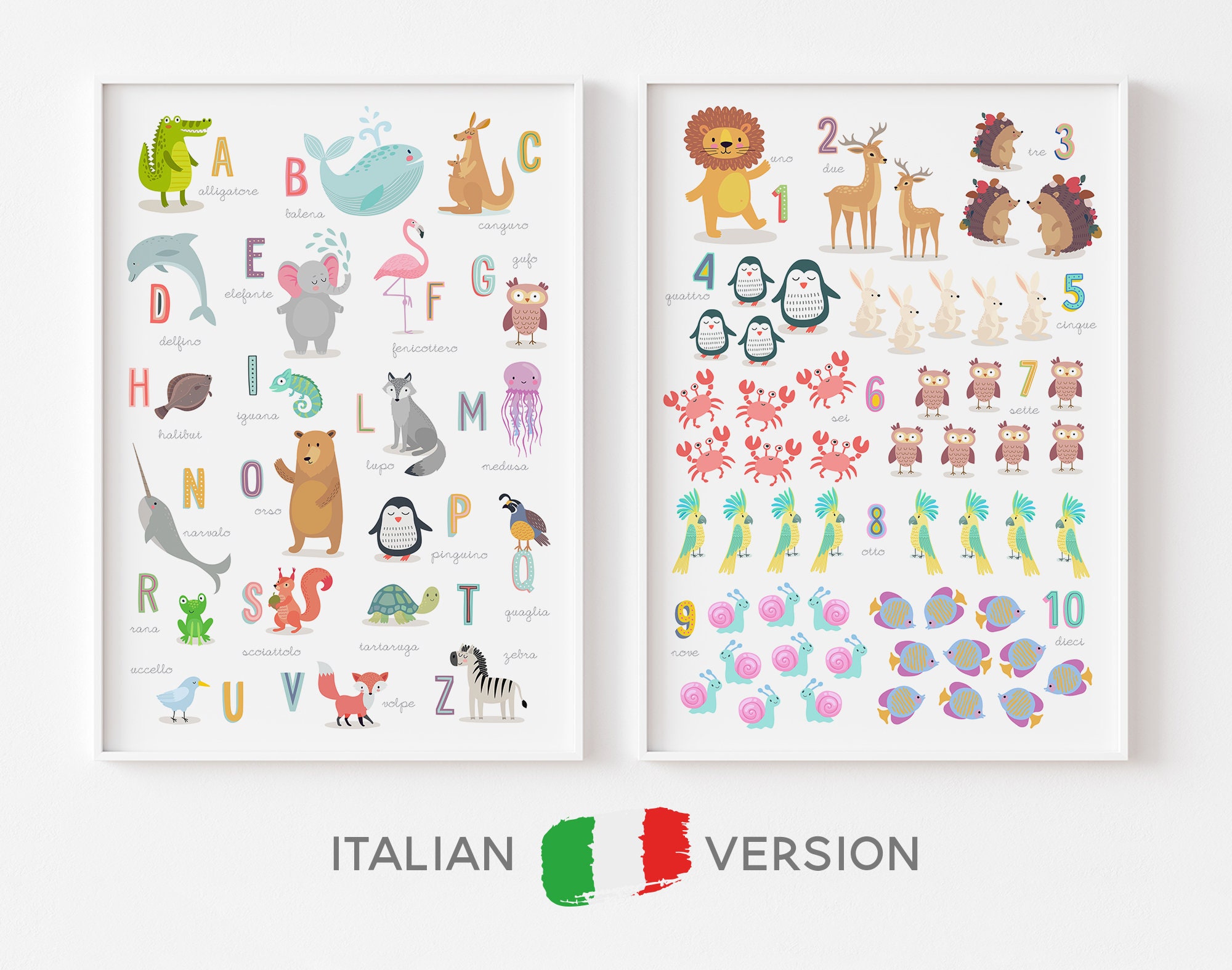 ITALIAN Animal Alphabet and Numbers Print Set Italian ABC and - Etsy