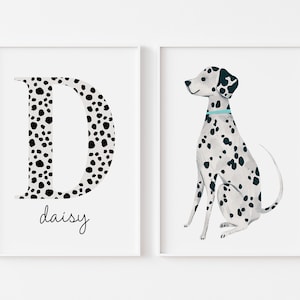 Dalmatian Dog Print Set, Personalised Letter Name Art, Watercolour ...