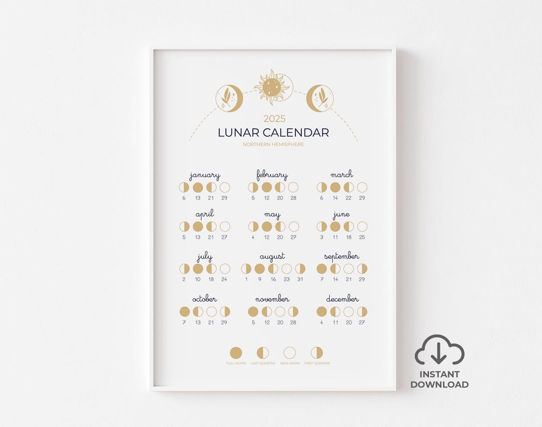 2025 Lunar Calendar Instant Download Print, NORTHERN HEMISPHERE Boho ...