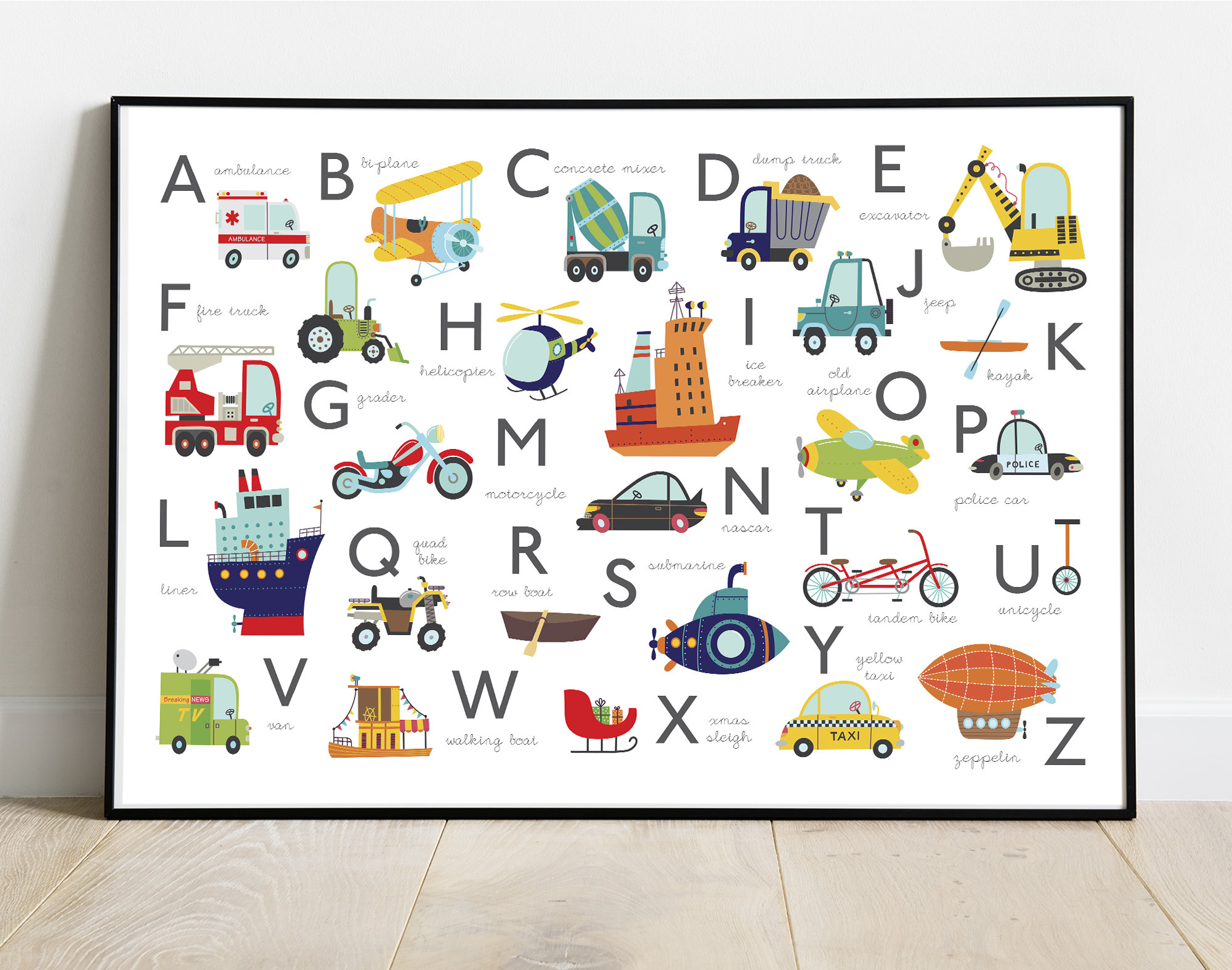 Personalised TRANSPORT Alphabet Print, Boys Room Nursery Wall Art ...