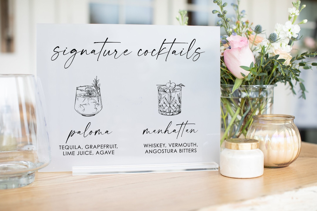 Signature Drinks Sign, Acrylic Wedding Cocktail Bar Menu, Lucite ...