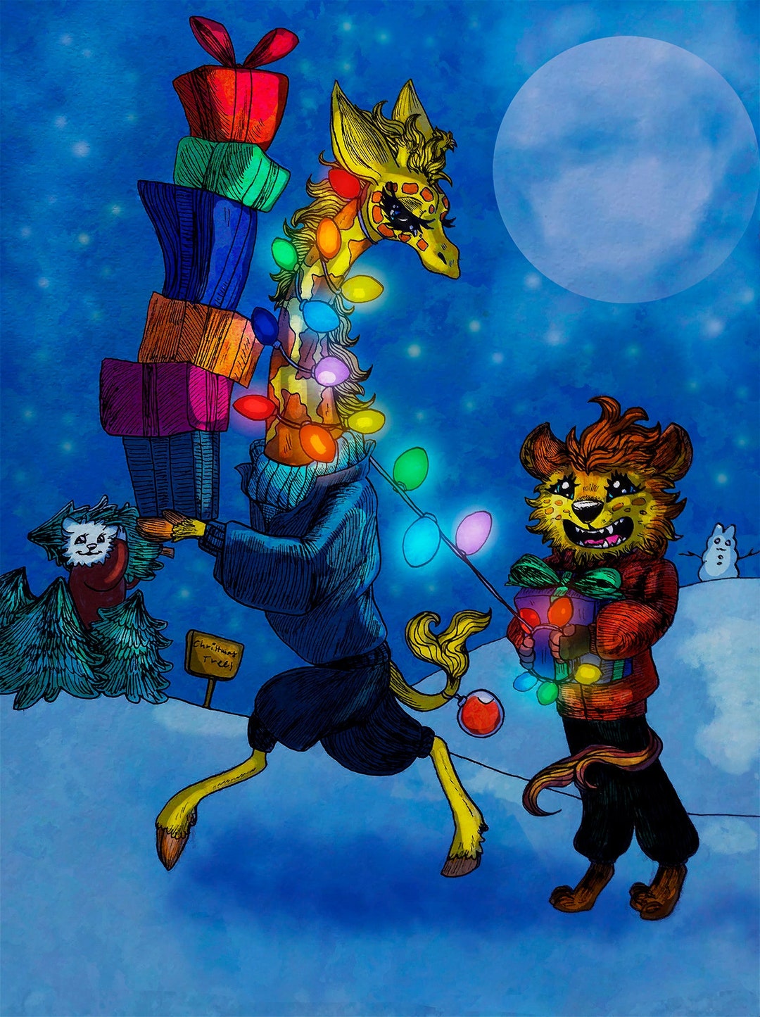 Giraffe and Hyena Christmas - Mini Art Print/flat Christmas Card - Etsy