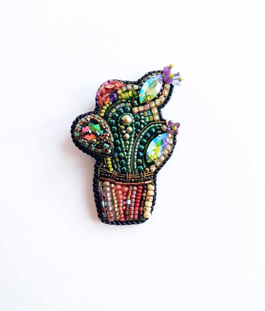 Cactus Brooch Handmade Artisanal Cactus Badge Boho Nature Jewelry Bead ...