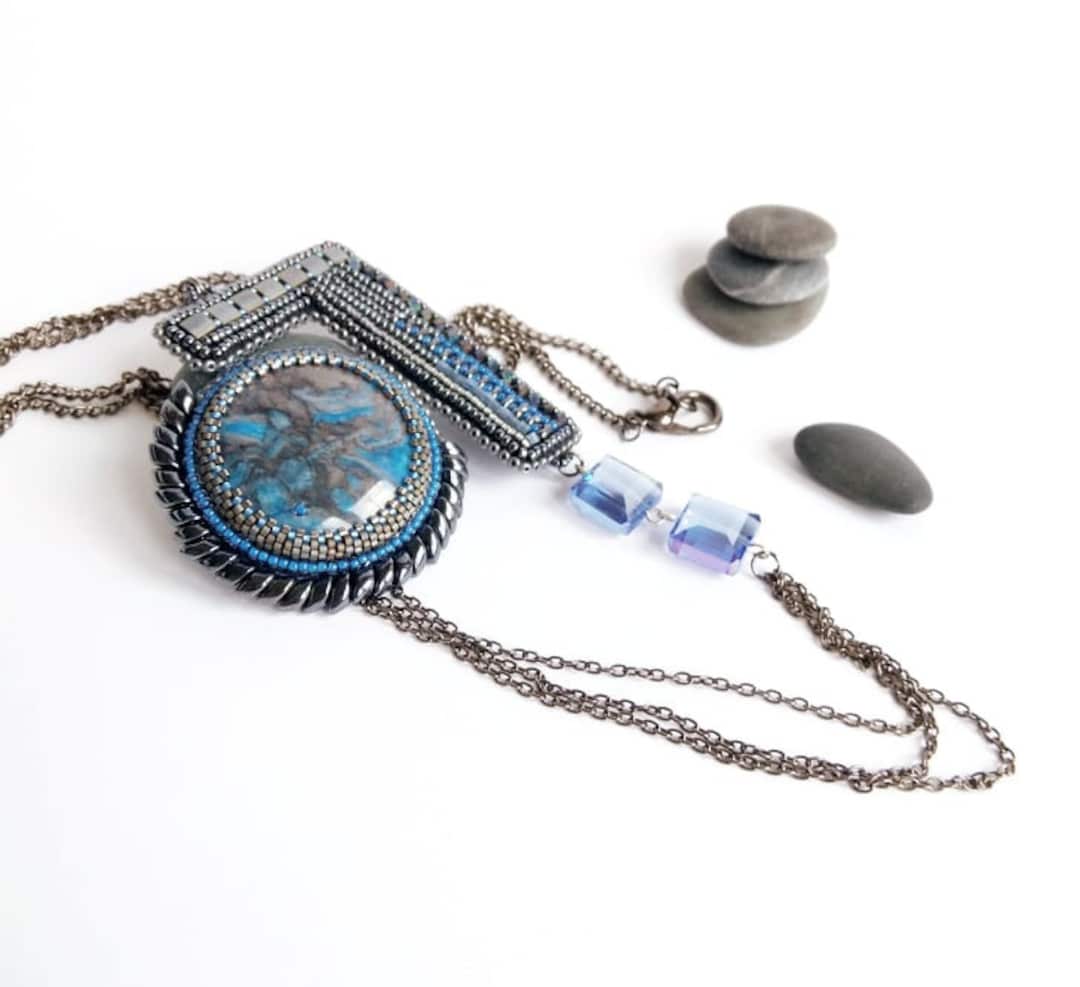 Beaded Pendant Necklace Long Layer Chains Necklace Embroidered Modern ...