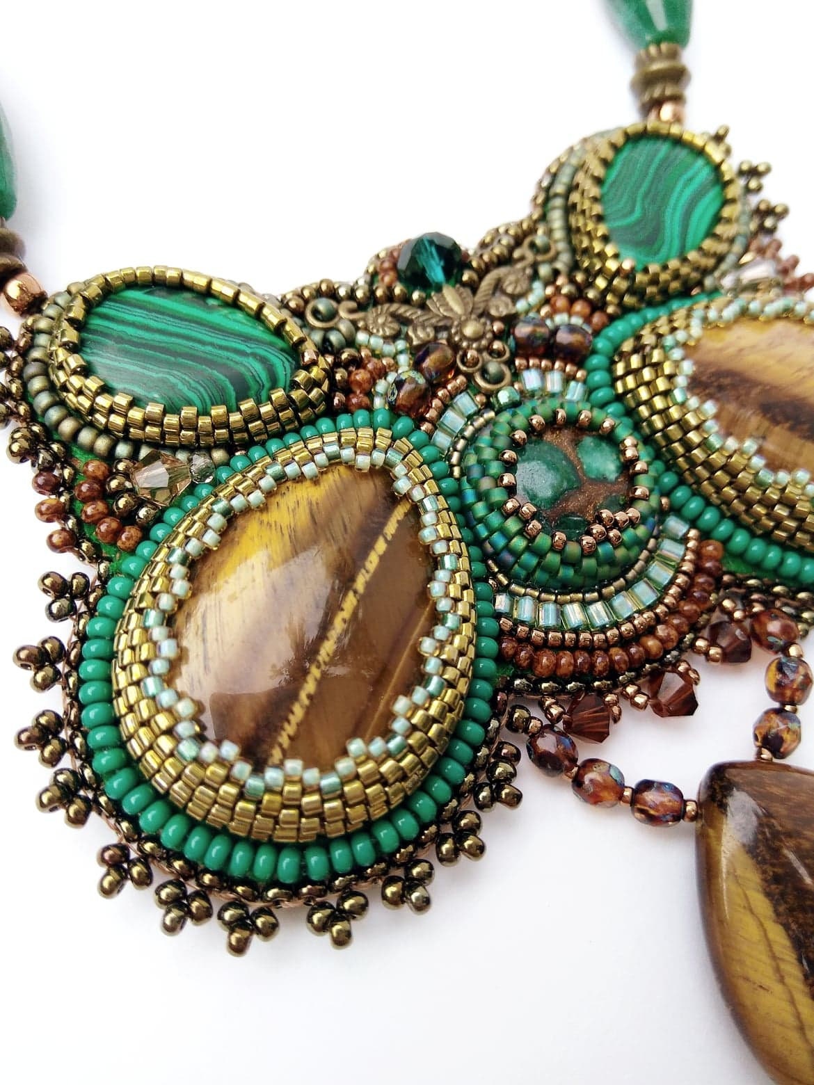 Green Bib Necklace Art Nouveau Vintage Classic Style Bead Embroidered ...