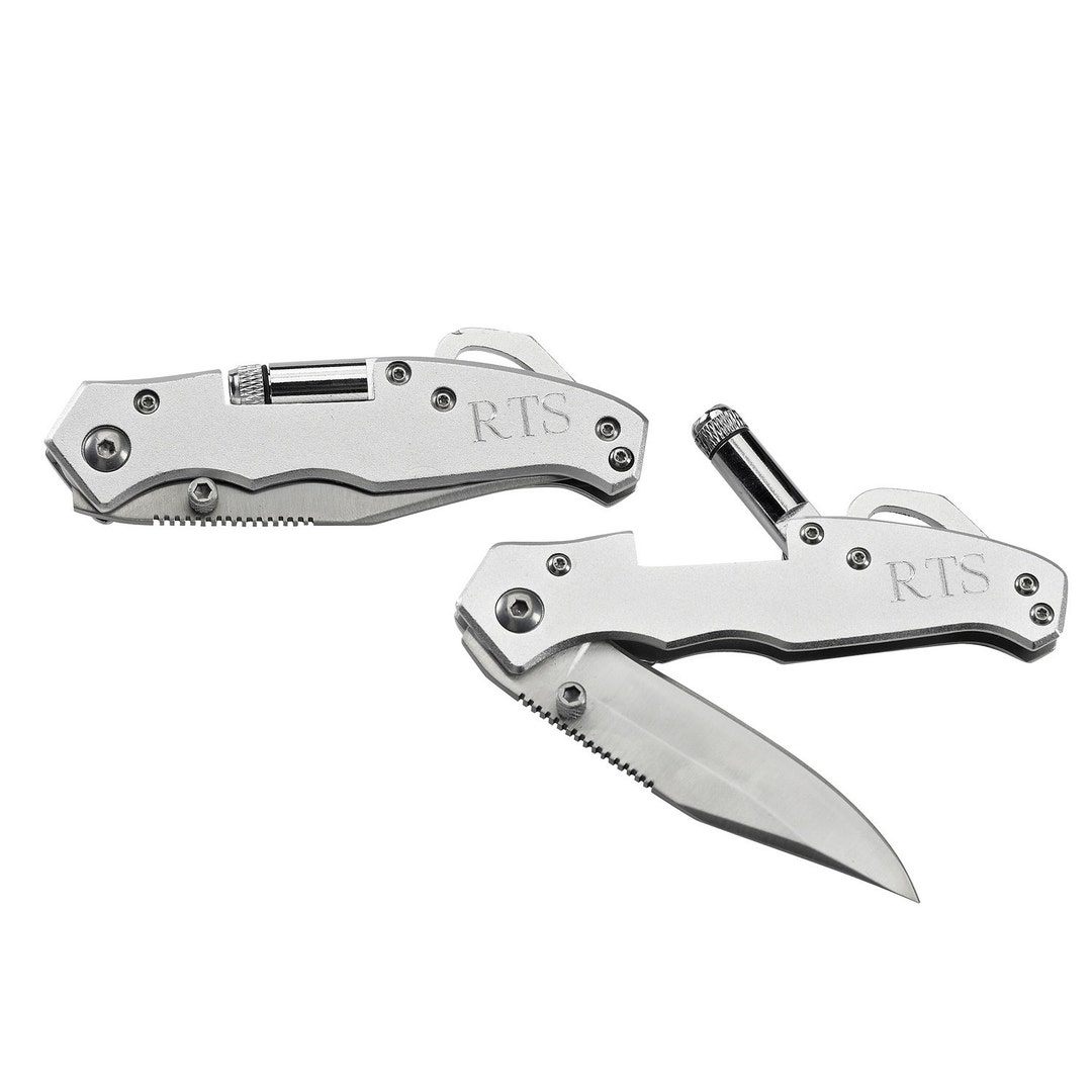 Engraved SS Pocket Knife With LED Flashlight | Stainless Steel Folding ...