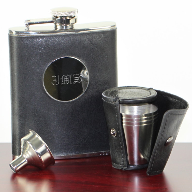 8 Piece Leather Flask Set Personalized Flask & Shot Glasses | Etsy