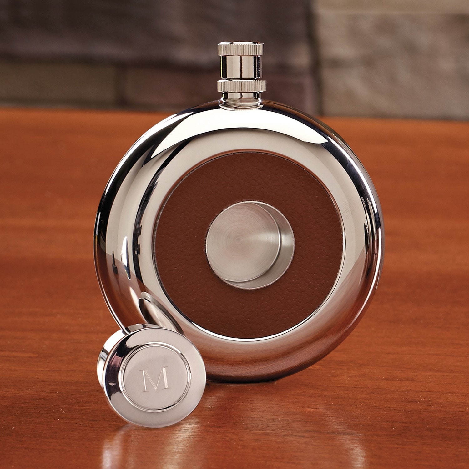 Round SS and Leather Flask and Shot Glass Personalized Gifts | Etsy