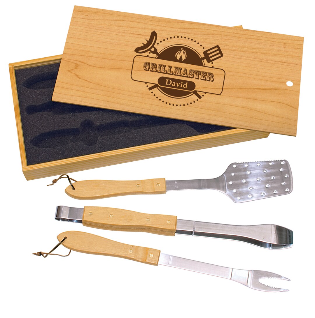 3-piece BBQ Grill Tools Set With Personalized Wood Box | Stainless ...