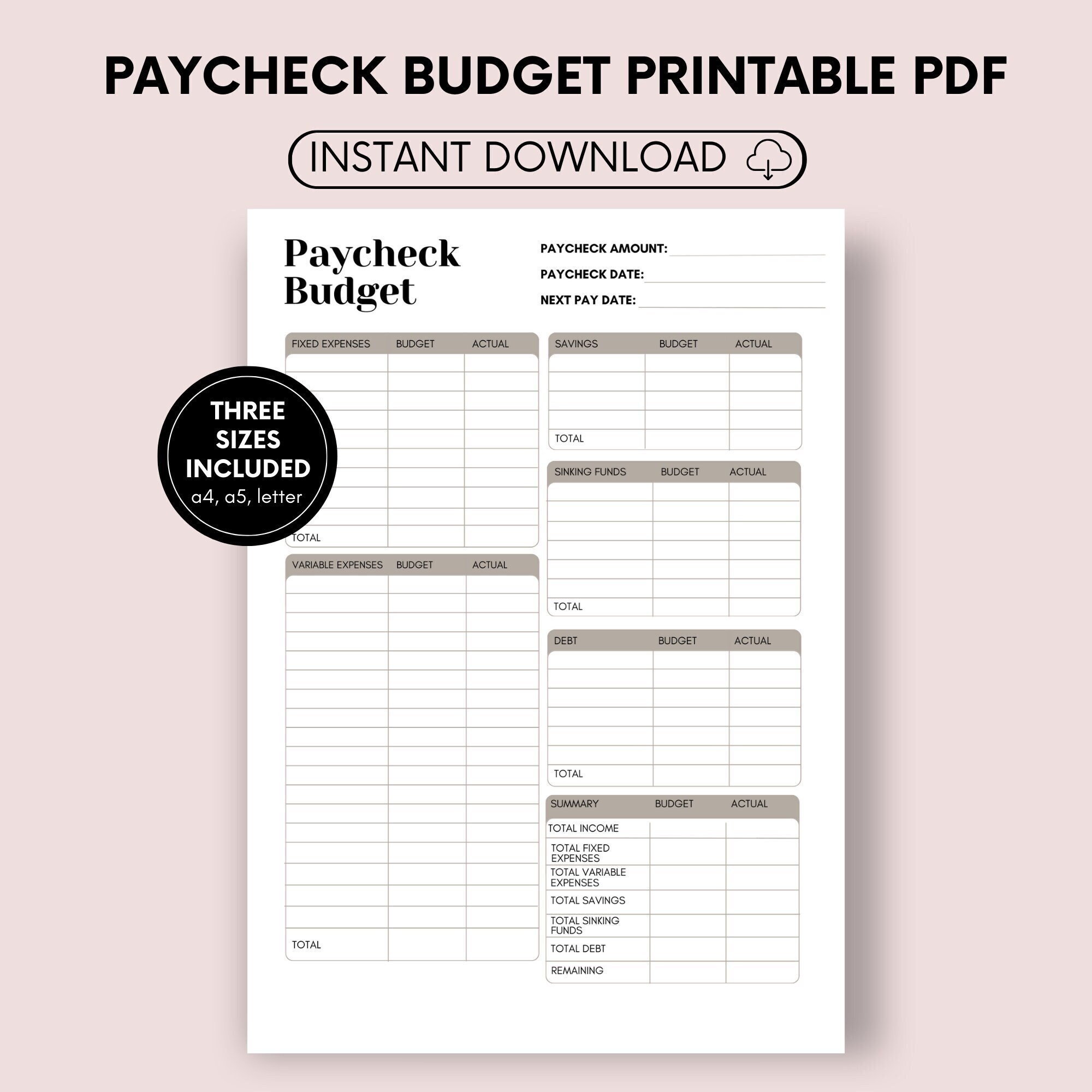 PAYCHECK Budget Overview Template Printable, Budget Binder, Budget ...