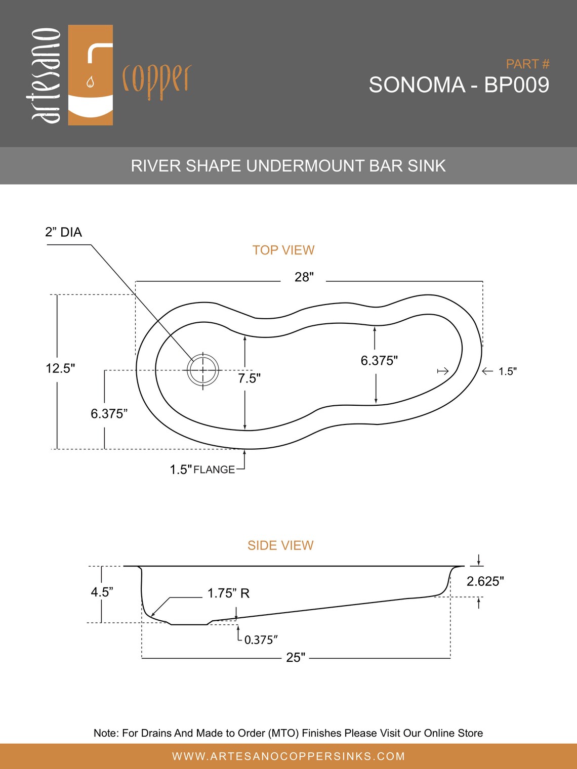 SONOMA in Natural - River Shape Undermount Bar Copper Sink With 1.5 ...