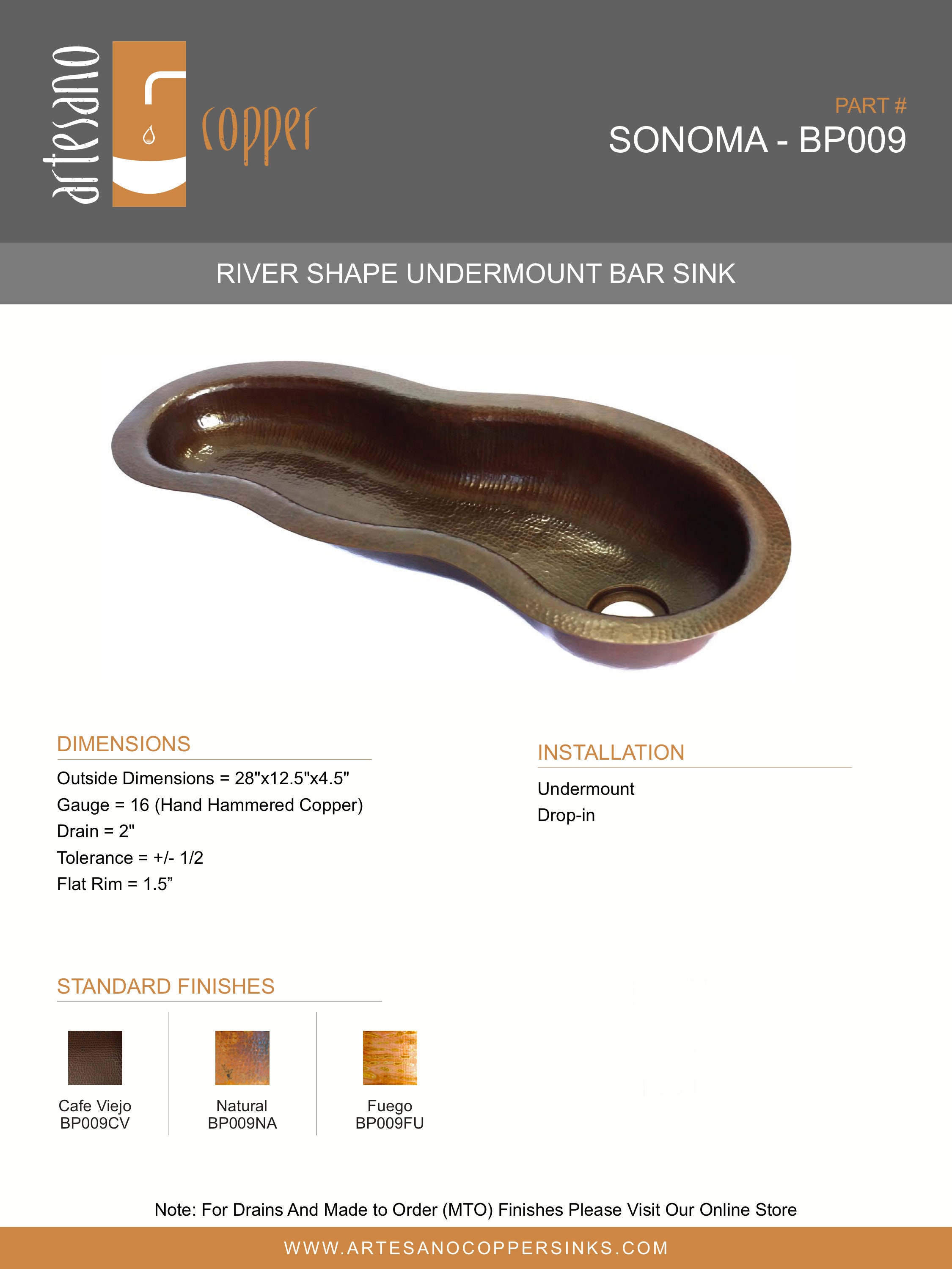 SONOMA in Natural - River Shape Undermount Bar Copper Sink With 1.5 ...