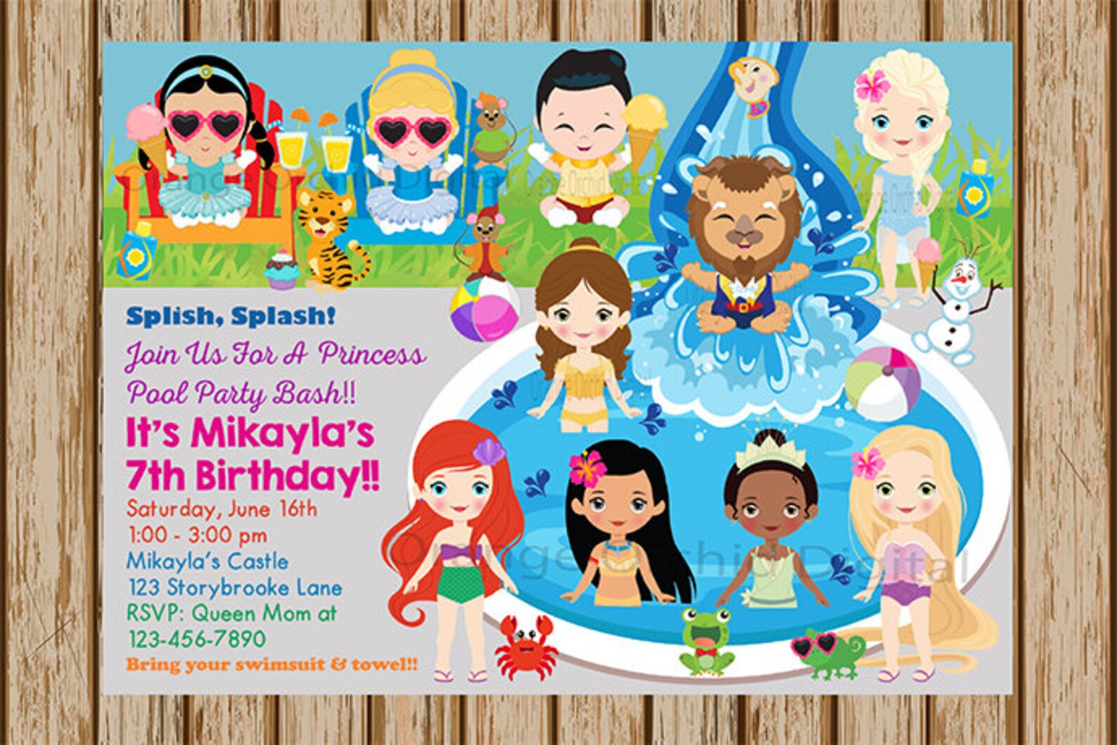 Disney Princess Pool Party Invitations Ariel Cinderella | Etsy