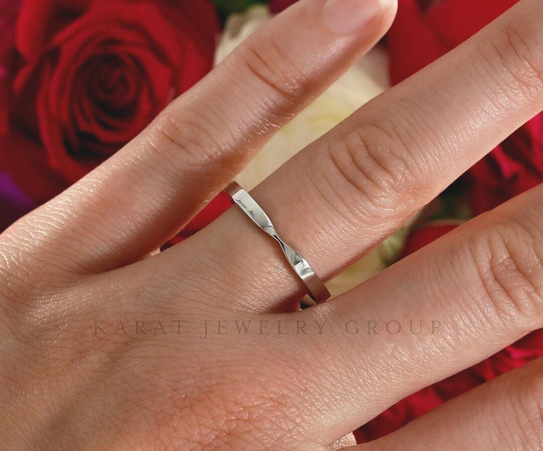 14K White Gold Fitted Wedding Band. Pinched Gold Wedding Band. Plain ...